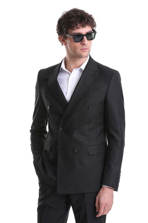 Siyah Slim Fit Kruvaze Klasik Takım Elbise HTML 33202023D006