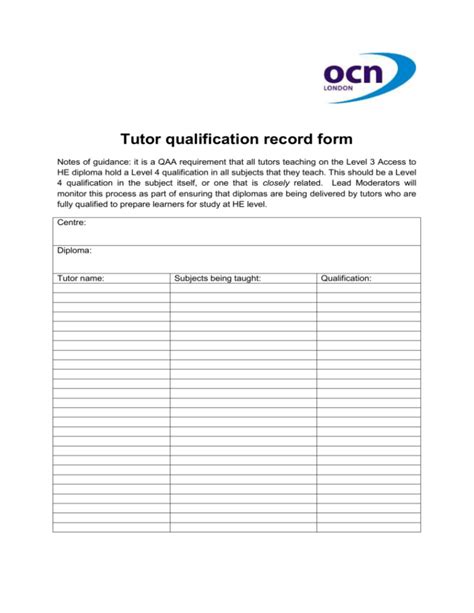 Tutor Qualification Record Form