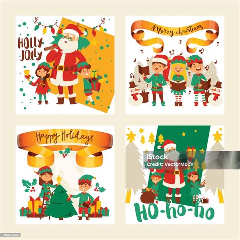 산타 요정 아이 헬퍼 벡터 일러스트 어린이 Cristmas 파티를 축 하합니다 전통 의상 크리스마스 2019 배경에서에서 산타