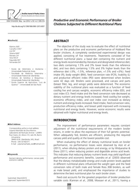 Pdf Productive And Economic Performance Of Broiler Chickens Subjected To Different Nutritional
