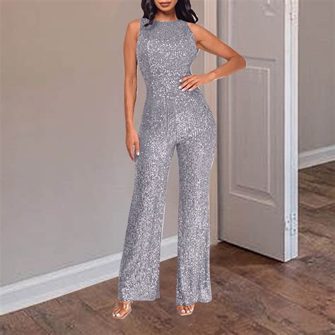 Pxxlle Plus Size Sequin Jumpsuit For Women Fashion Sleeveless Crewneck