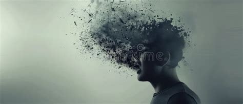 A Man S Head Exploding With Dark Particles Against A Grey Background