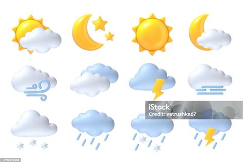 3d 날씨 아이콘입니다 태양 달과 구름 비와 바람 뇌우와 안개 눈 기상 기호 앱 맑은 날씨 비와 바람이 불고 뇌우와 눈이 내리고 안개가 낀 날씨 벡터 세트 구름에 대한 스톡