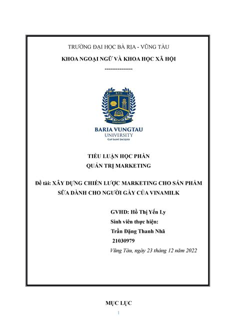 Tiểu luận Quản trị mkt Tiểu luận TRƯỜNG ĐẠI HỌC BÀ RỊA VŨNG TÀU KHOA NGOẠI NGỮ VÀ KHOA HỌC