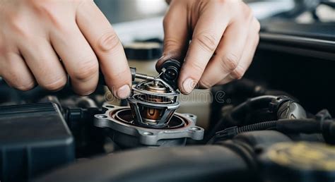 Installing Car Thermostat In Engine By Mechanic Hands Stock Photo Image Of Auto Service