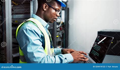Man Maintenance And Server Room Or Coding With Laptop Electrician And