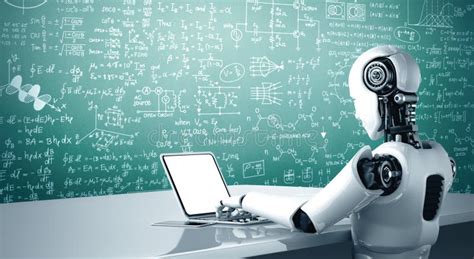 Mlp Robot Humanoid Use Laptop And Sit At Table For Engineering Science