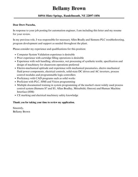 Automation Engineer Cover Letter Velvet Jobs