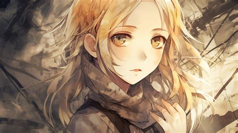 앉아있는 갈색 머리를 가진 아름다운 애니메이션 소녀 그림을 애니메이션으로 동물 자연 배경 일러스트 및 사진 무료 다운로드