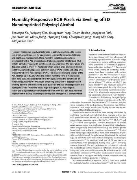 Pdf Humidity‐responsive Rgb‐pixels Via Swelling Of 3d Nanoimprinted Polyvinyl Alcohol