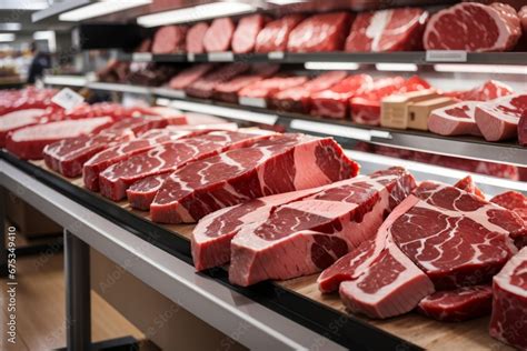 Different cuts of fresh raw red meat in supermarket, variety of prime ...