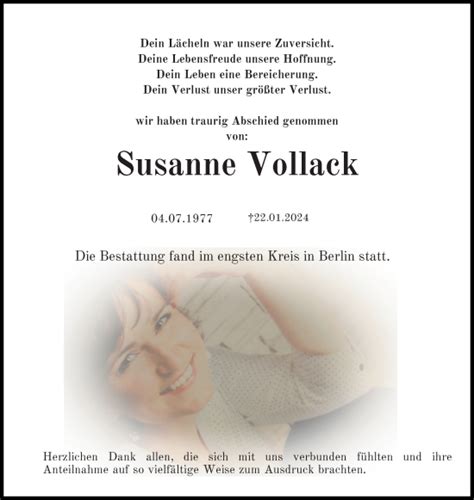 Traueranzeigen Von Susanne Vollack Trauer Anzeigen De