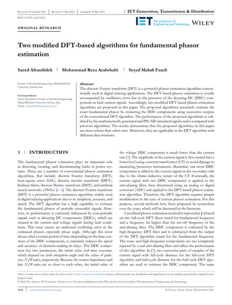 Pdf Two Modified Dft Based Algorithms For Fundamental Phasor Estimation