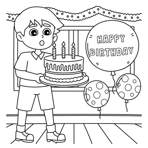 생일 축하 케이크를 부는 소년의 귀엽고 재미있는 색칠 공부 페이지입니다 아이들에게 즐거운 색칠 시간을 제공합니다 컬러 이