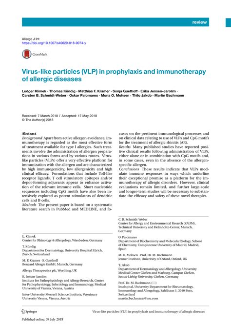 Pdf Virus Like Particles Vlp In Prophylaxis And Immunotherapy Of Allergic Diseases