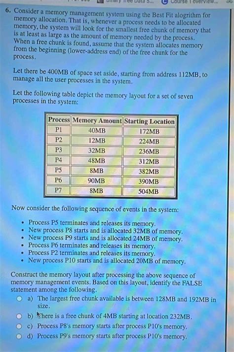 Solved Biary Free Data 3 Course 1 Overview O 6 Consider A Memory