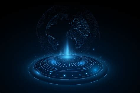 Hud 라운드와 홀로그램 디지털 세계 글로브 지구지도 홀로그램 빛 효과가있는 미래 지향적 인 행성 글로벌 네트워크 기술 과학 배경 벡터 일러스트 레이 션 0명에 대한 스톡