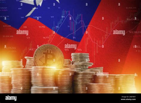 Taiwan Flag And Big Amount Of Golden Bitcoin Coins And Trading Platform
