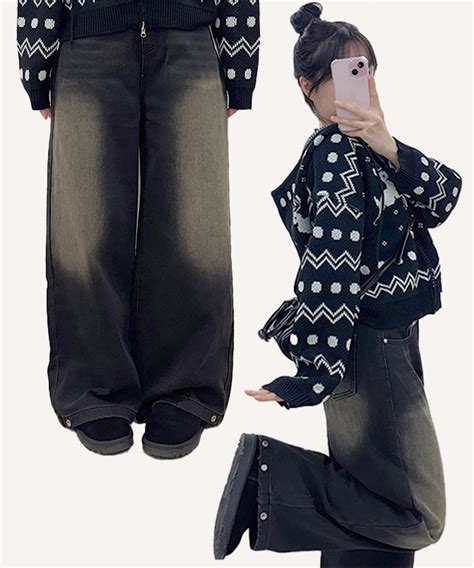 큐피트데이 발열원단 기장선택 S XL 리틀 기모 벌룬 와이드핏 스냅 버튼 워싱 와이드 데님 팬츠