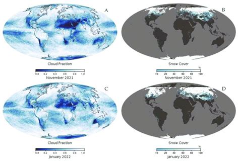 global cloud cover a c vs snow cover b d in november 2021 and