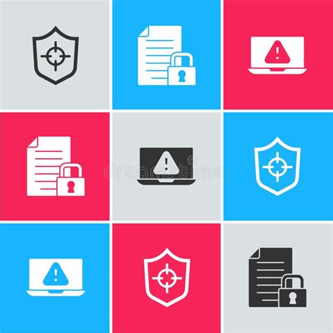 Set Shield Document And Lock And Laptop With Exclamation Mark Icon