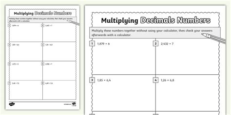 Multiplying Decimal Numbers Activity Sheet Professor Feito
