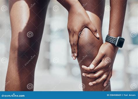 Knee Injury Pain And Woman Athlete Touch Painful Strain While Training