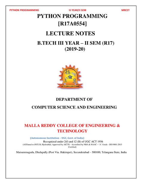 Python Programming Notes Python Programming R17a0554 Lecture Notes