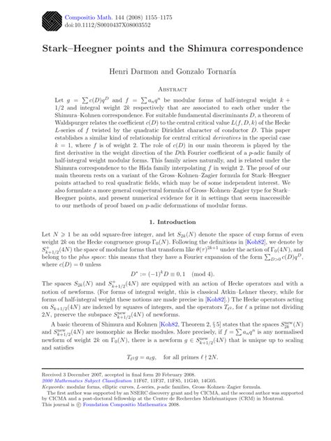 Pdf Starkheegner Points And The Shimura Correspondence