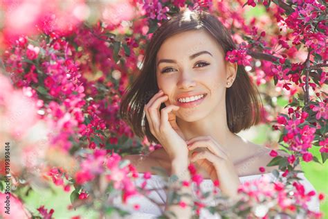 Beautiful Lady On Floral Background Woman With Flowers Poretait Of