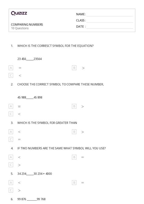 Comparing Numbers Worksheets For Th Class On Quizizz Free
