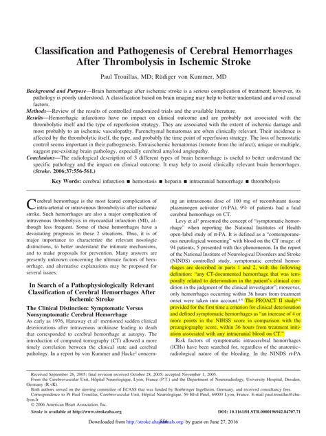 Classification And Pathogenesis Of Cerebral Hemorrhages After Thrombolysis In Ischemic Stroke