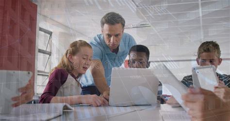 Image Of Graphs Over Caucasian Male Teacher And Diverse Pupils With Laptop And Tablets Stock