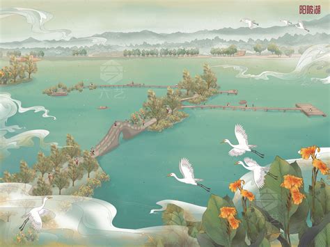 中国风古代湖泊园艺公园景观景区手绘插画地图导览图手绘地图六藝設計 站酷zcool