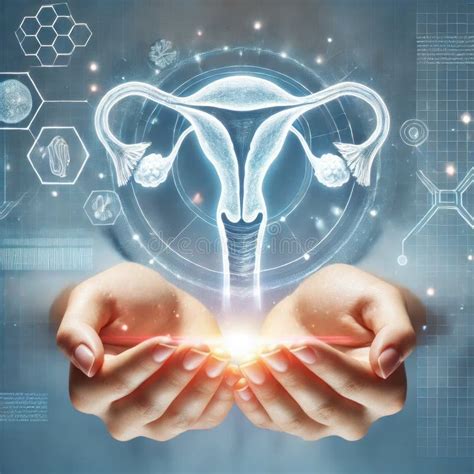 Hands Cupping Glowing Holographic Human Uterus Surrounded By Futuristic