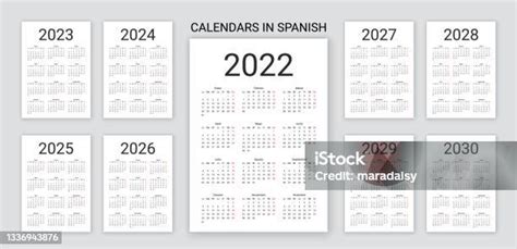 스페인어 달력 2022 2023 2024 2025 2026 2027 2028 2029 2030 년 간단한 포켓 템플릿 벡터 그림입니다 2023년에 대한 스톡 벡터 아트 및