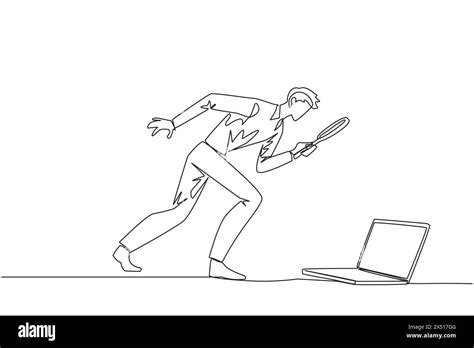 Single One Line Drawing Businessman Holding Magnifying Glass Looking At