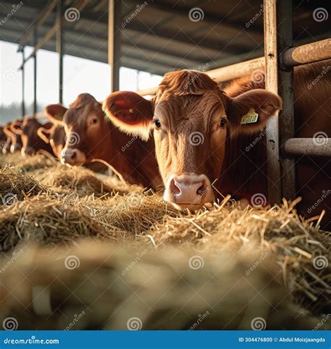Meat Production Beef Cattle Peacefully Feeding On Hay In Cowshed Stock