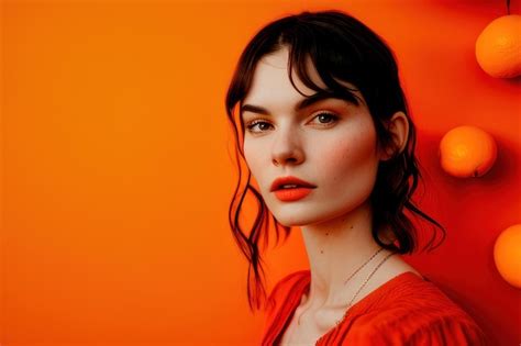 Uma Mulher Em Um Vestido Vermelho Está Na Frente De Um Fundo Laranja Brilhante Foto Premium
