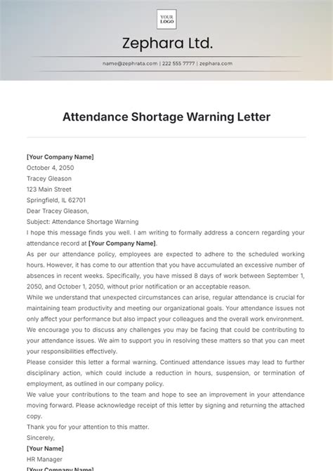 Free Attendance Shortage Warning Letter Template To Edit Online