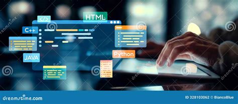 Software Developer Work With Coding Overlays Of Programming Languages