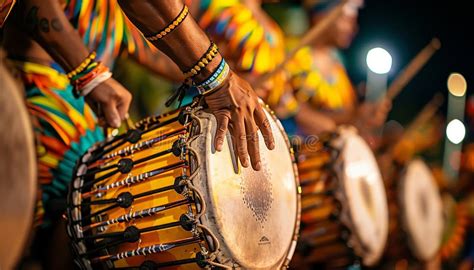 Brazilian Carnival Scene Drummers Play Vibrant Samba Rhythms Stock