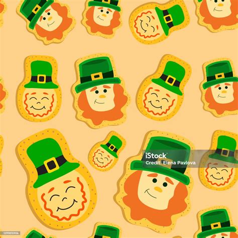 세인트 패트릭의 날 쿠키 원활한 패턴 생강 쿠키 레프레바운 샴록 세인트 패트릭스 데이 슈가 쿠키 성 패트릭의 날의 상징 벡터 플랫 일러스트레이션 3월에 대한 스톡 벡터 아트