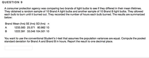 Solved Question 9 A Consumer Protection Agency Was Comparing