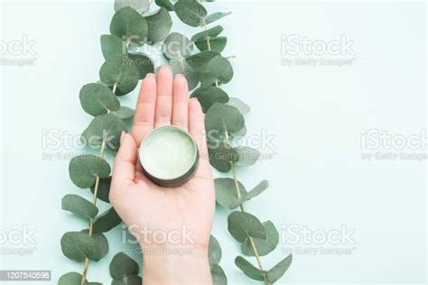 그녀의 손바닥에 유칼립투스 연꽃이나 크림 항아리를 들고 여자 상단보기 플랫 레이 복사 공간으로 모형 깨끗한에 대한 스톡 사진 및