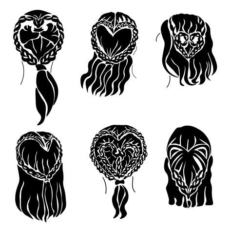 Set Of Hairstyles From Braids Woven In The Shape Of A Heart Silhouettes Of Hairstyles For Girls