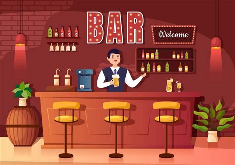 Bar Or Pub At Evening With Alcohol Drinks Bottles Bartender Table Interior And Chairs In