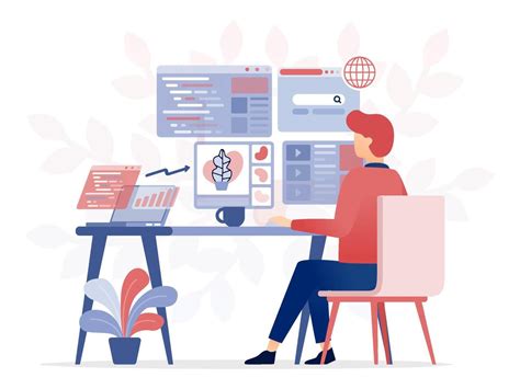 Illustration Of Freelance Programmer Sitting At A Desk Analyzing And