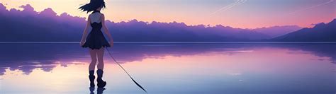 5120x1444 Resolution Anime Girl In Gradient Evening Ocean 5120x1444