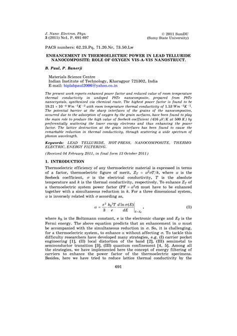 Pdf Enhancement In Thermoelectric Power In Lead Telluride Nanocomposite Role Of Oxygen Vis À